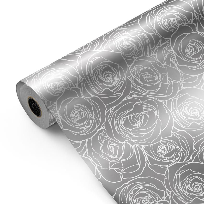 Bobina Papel de regalo ROSAS PLATA color Plata | Fiesta Paper
